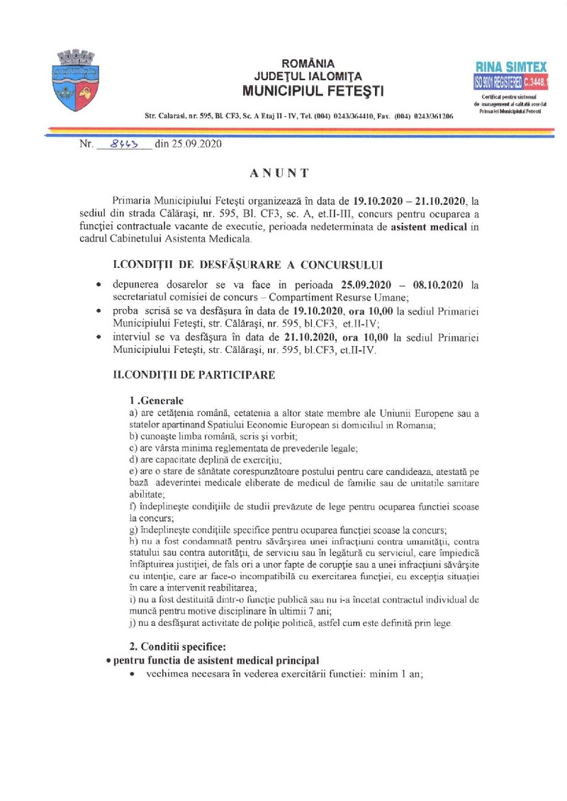 Primăria Fetești: Anunț – concurs pentru ocupare post asistent medical ...