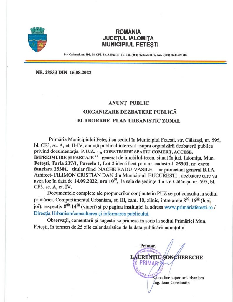 Primăria Fetești: Anunț public organizare dezbatere publică elaborare ...