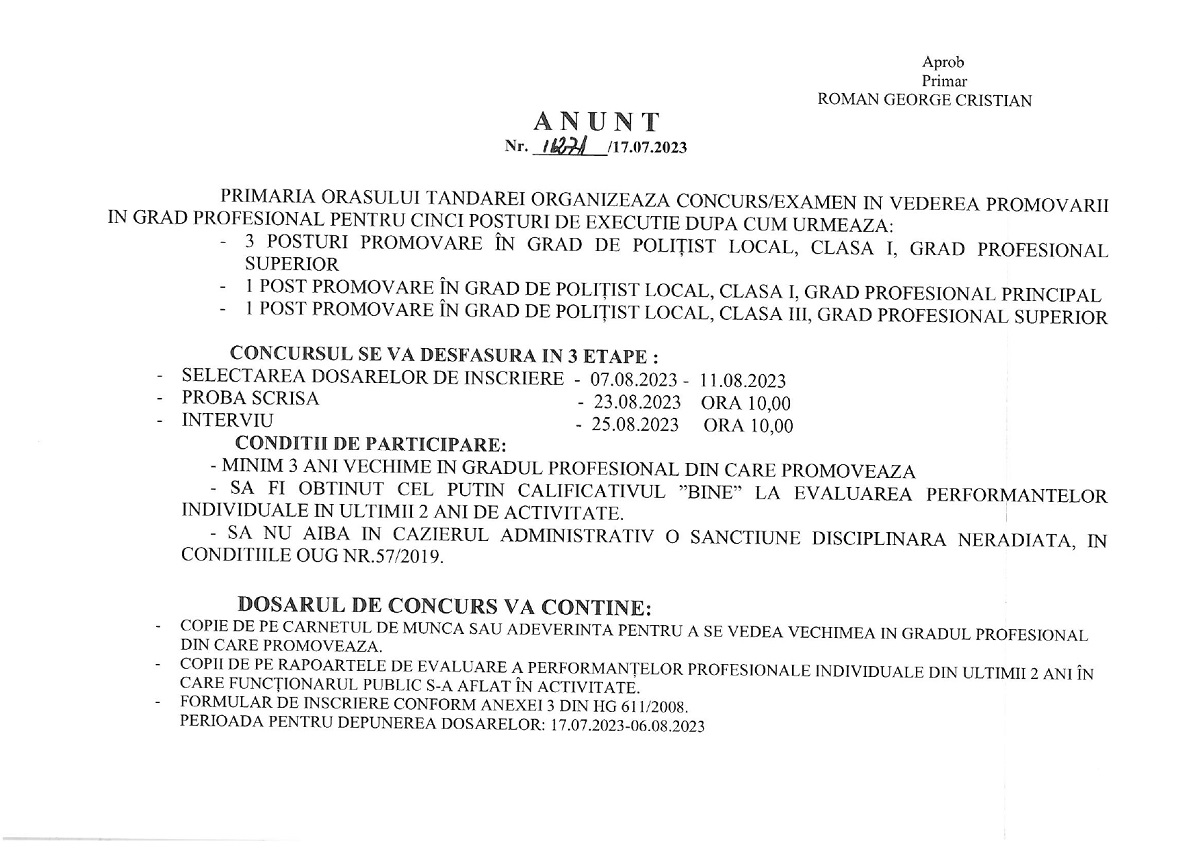 Primăria Țăndărei: Anunț examen promovare în grad polițist local ...